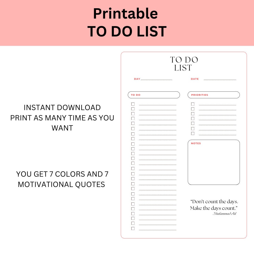 Printable to Do List in 7 Colors and Motivational Quotes, Daily Planner ...