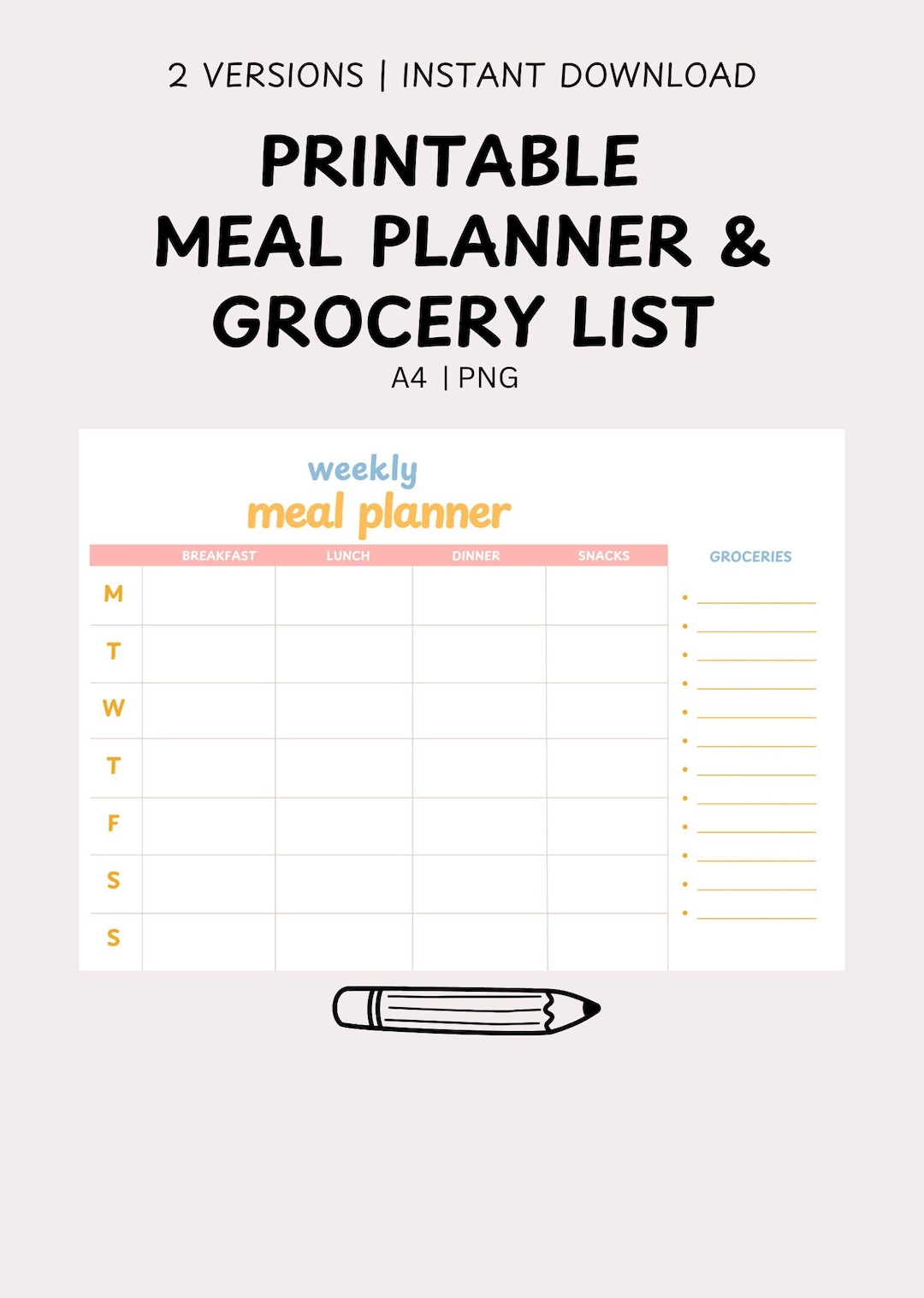 Weekly Printable Meal Planner With Grocery List, 7 Day Menu Plan, Food ...