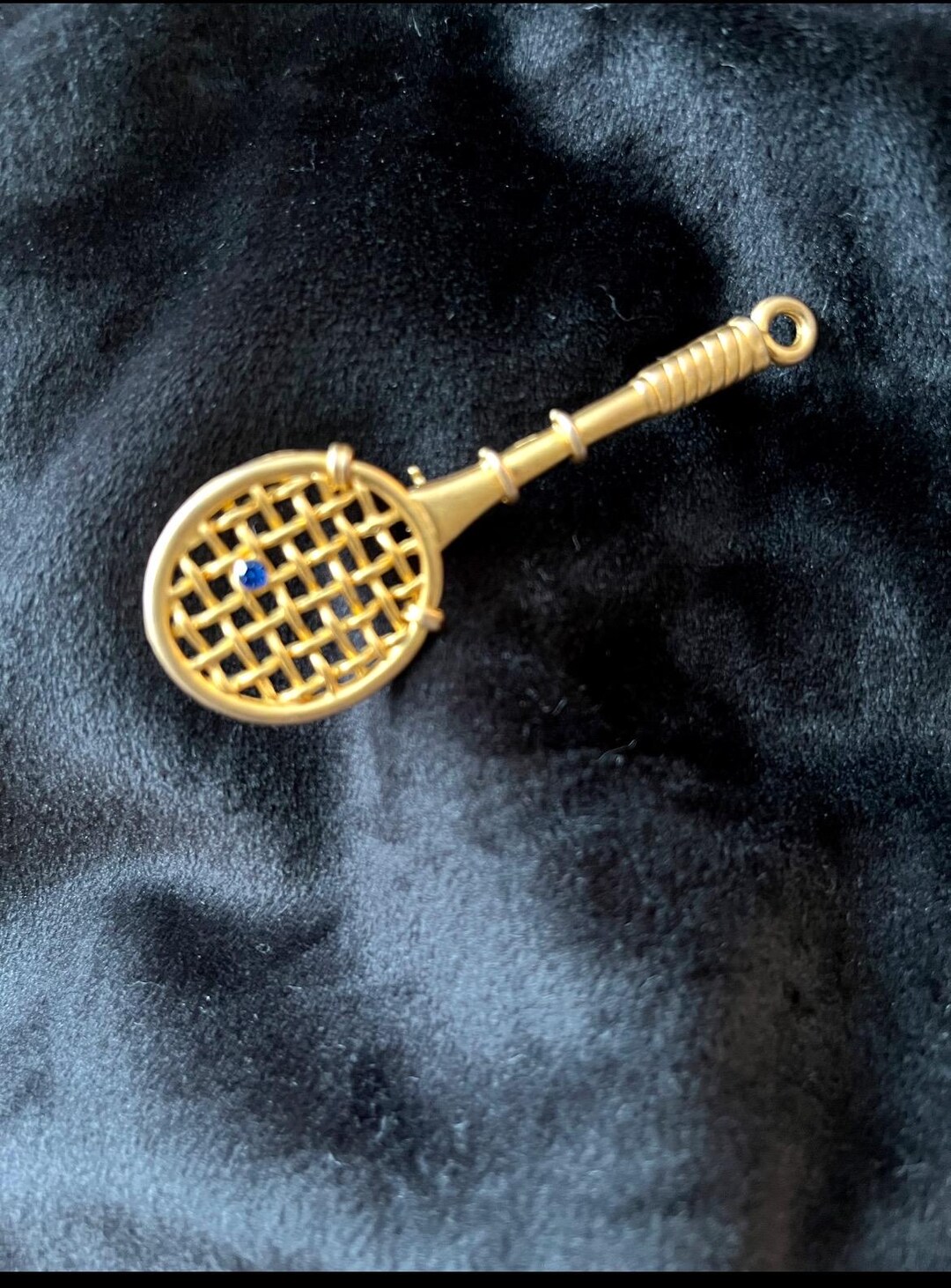 Vintage Brushed Gold Tone Tennis Racket and Small Blue Rhinestone ...