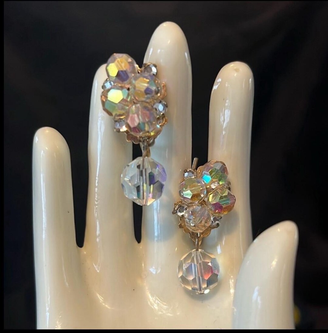 Beautiful Vintage AB Crystal Cluster Drop Butterfly-back Pierced ...