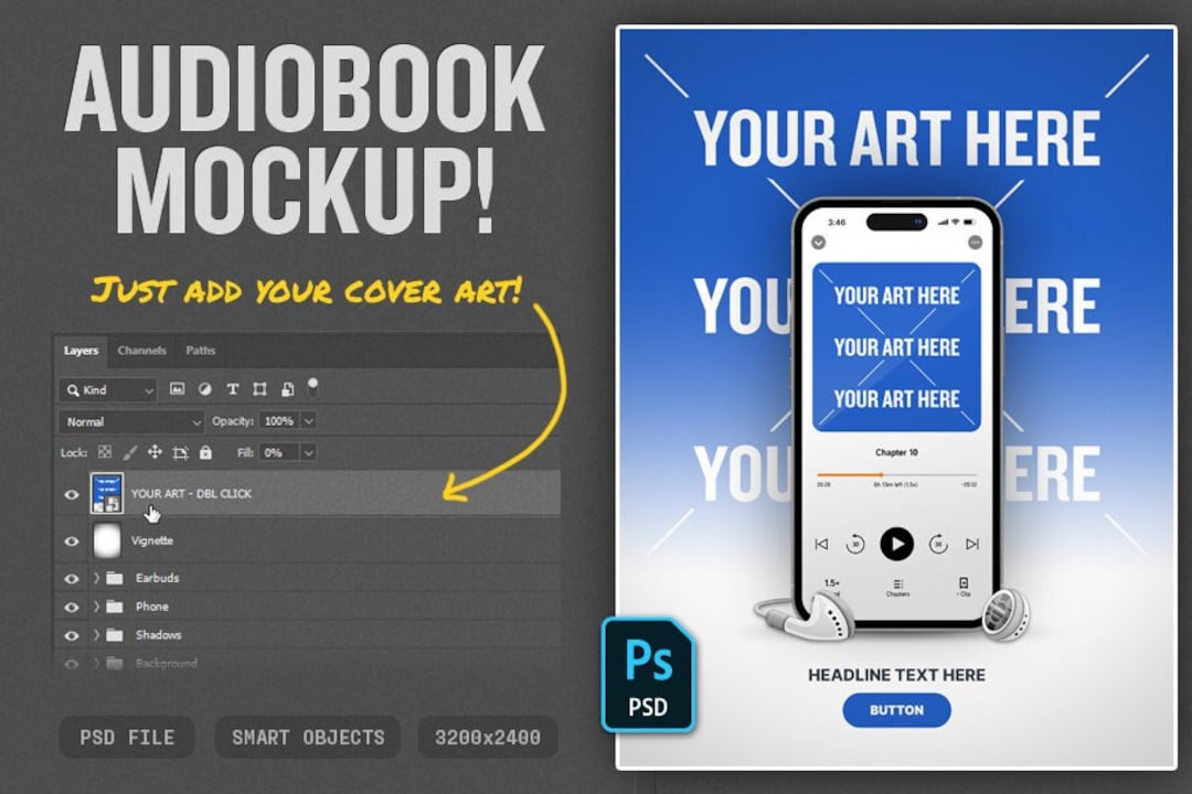 Audiobook Mockup Template - Use Your Own Cover Art - Photoshop PSD ...