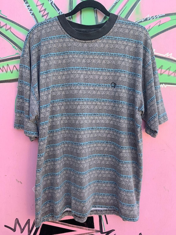1990s Made In Usa Op Faded Geometric Graphic Ringer T… - Gem