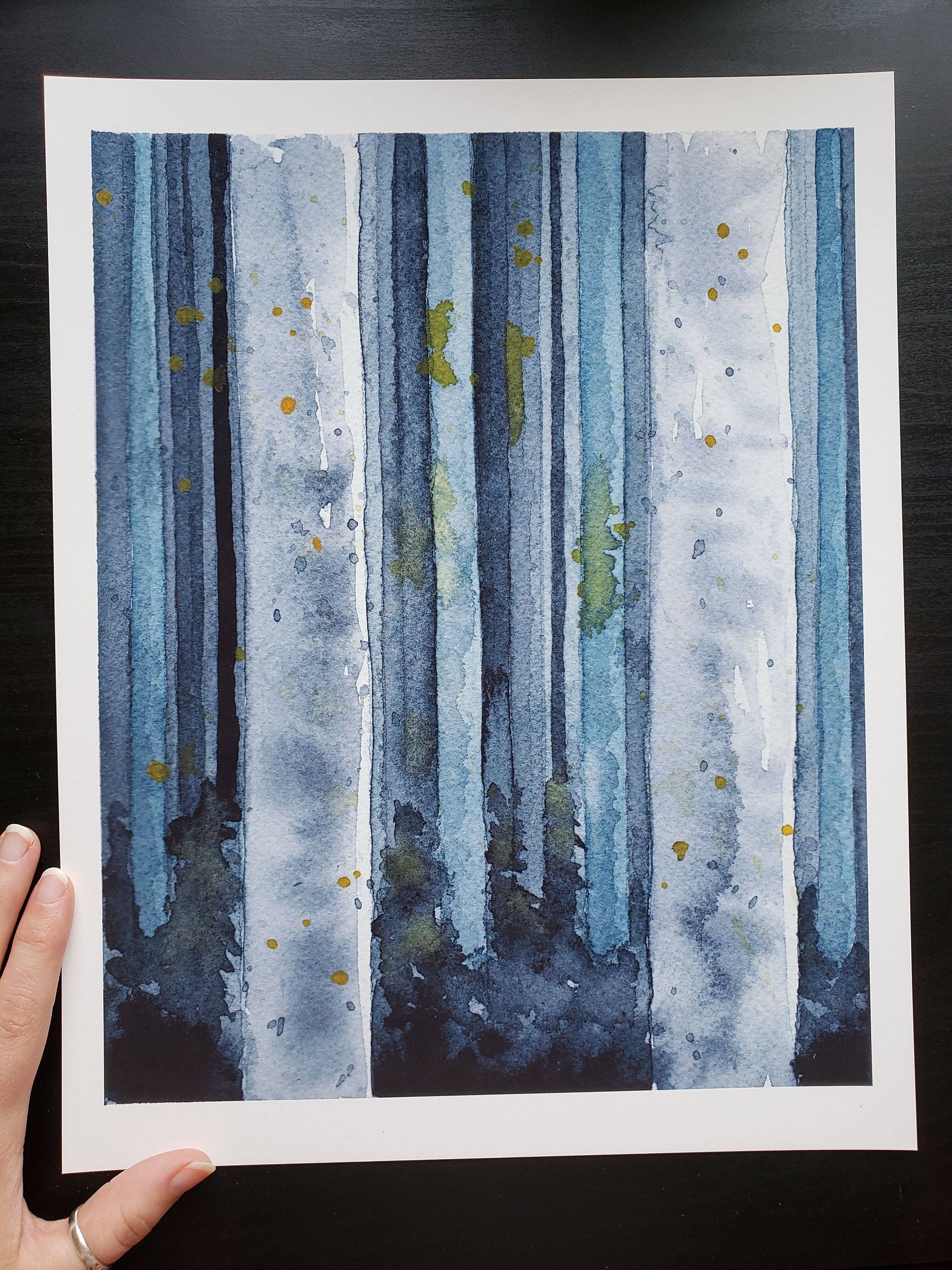 Dark Blue Forest Watercolor Painting Print - Etsy