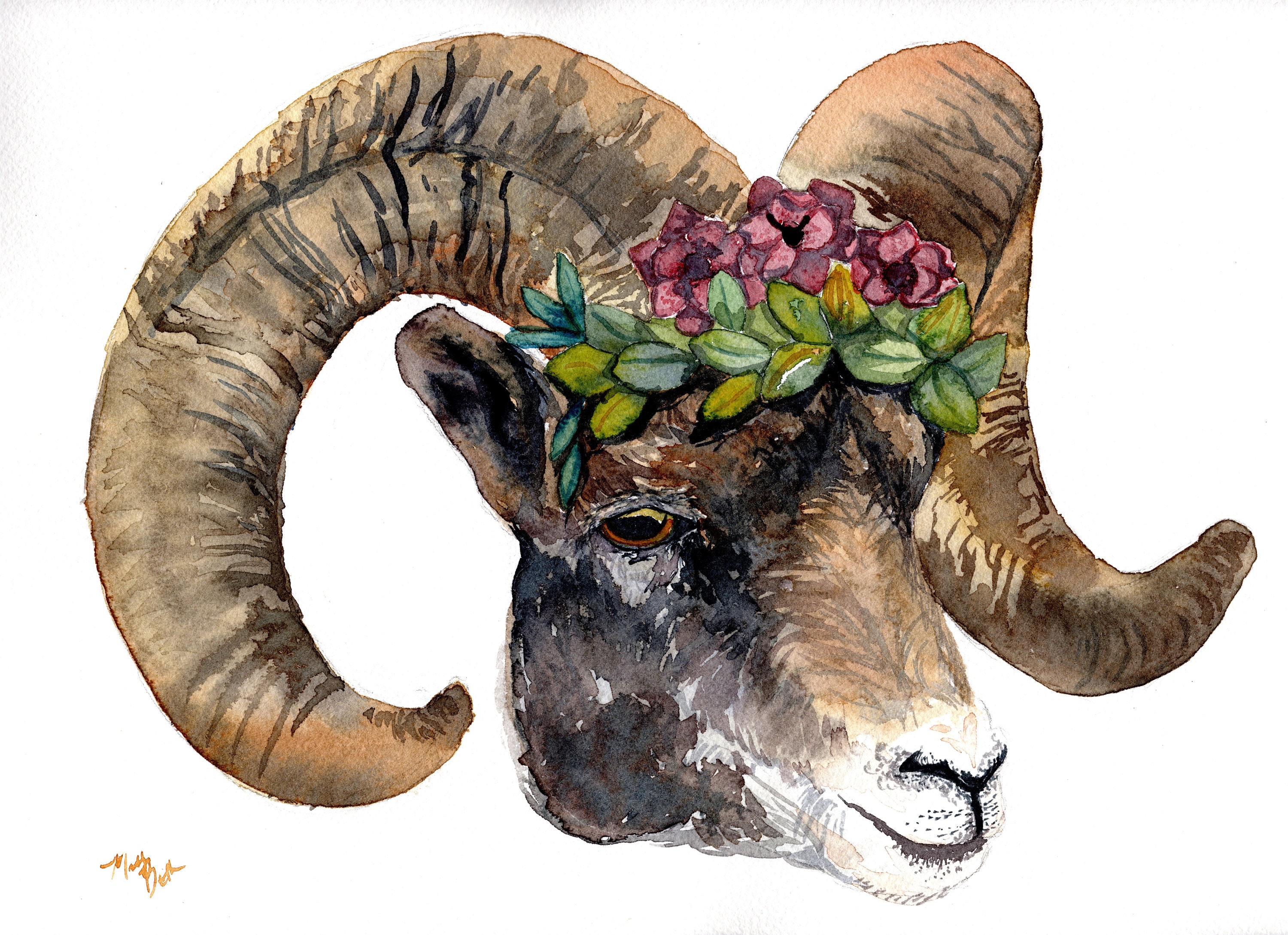 Buy Spring Ram With a Flower Crown Spirit Animal Watercolor Painting ...