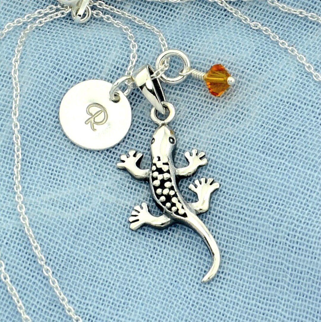 Sterling Silver Lizard Pendant Necklace: Custom Initial, Swarovski ...