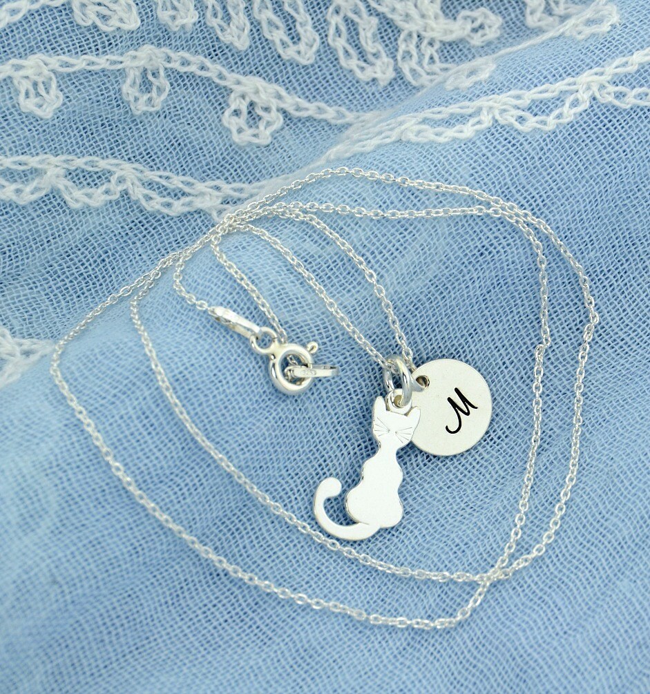 925 Sterling Silver Cat Pendant Initial Custom Letter Personalized ...