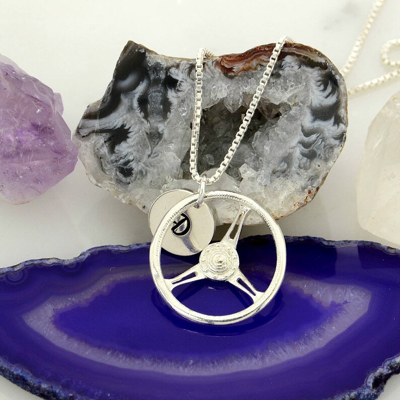 Sterling Silver Steering Wheel Necklace: Personalized Initial Car Charm ...