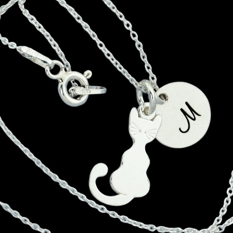 925 Sterling Silver Cat Pendant Initial Custom Letter Personalized ...
