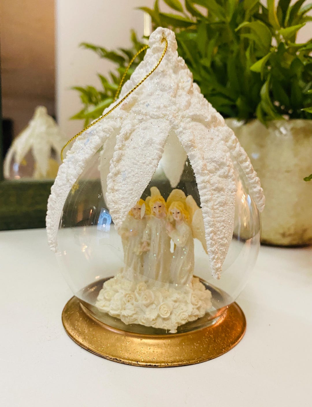 Vintage GANZ Angel Trio Glass Christmas Ornament Snow White Gold Base ...