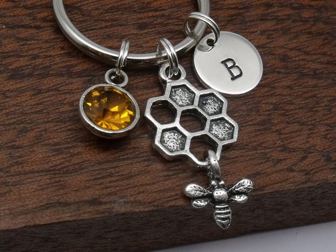 Honeycomb Bee Keyring Gift, Honey Bee Keychain, Personalised Bumble Bee ...