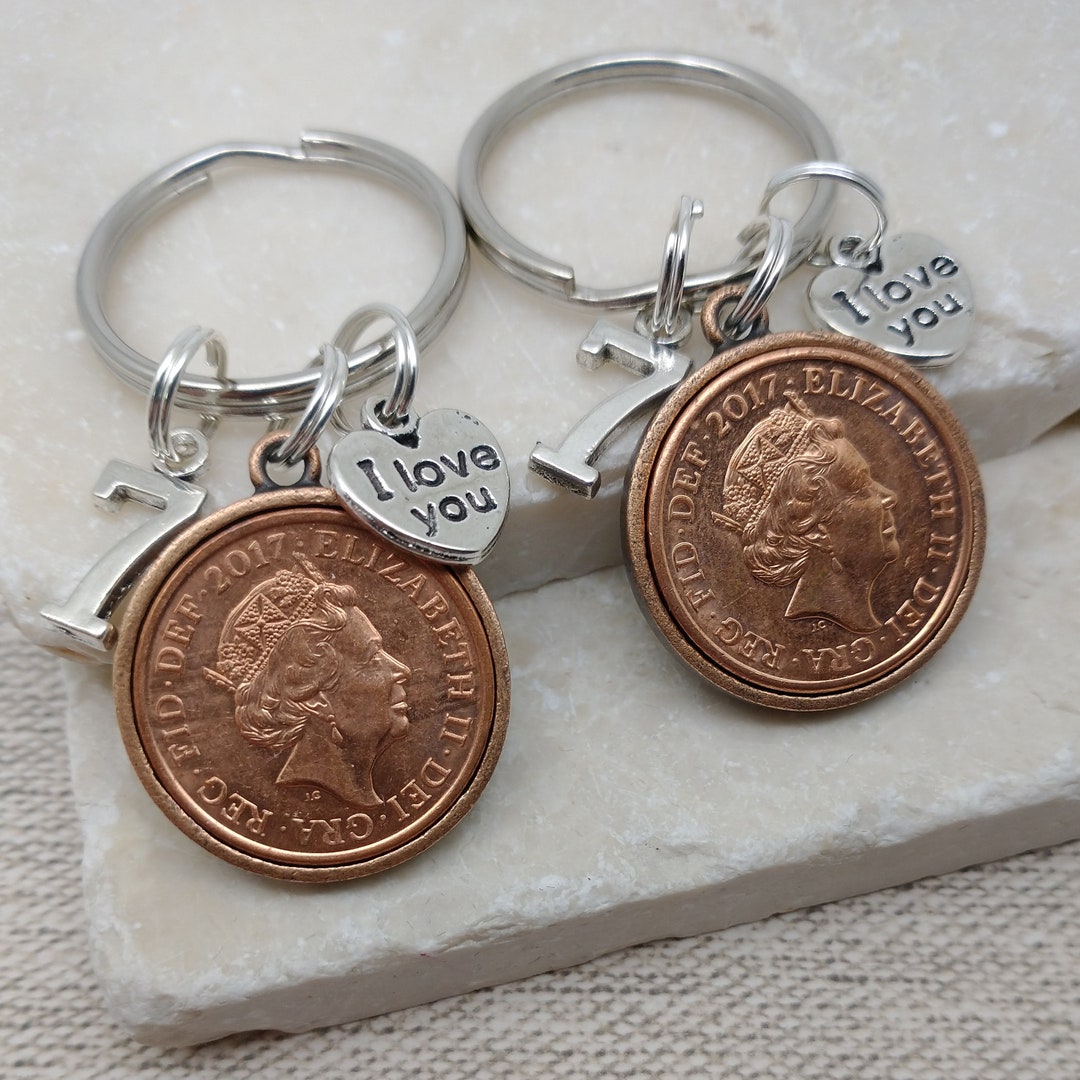 7th Wedding Anniversary copper Keyring Gift, Penny Coin, Set of Two ...