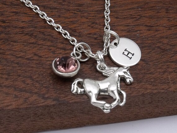 Horse Pendant Necklace Gift Equestrian Jewellery Horse Jewellery Personalised Horse Gift Galloping Horse Birthstone Initial Letter Etsy UK