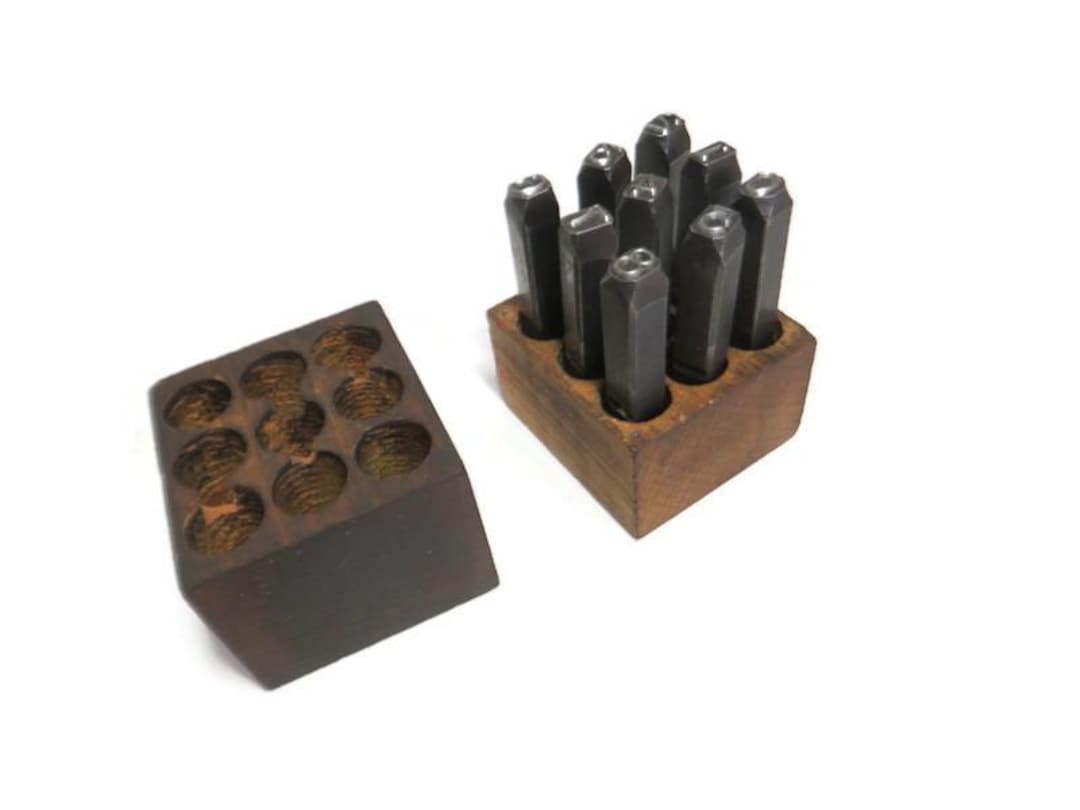 Vintage Steel Number Stamps 3/8" Punches Steel Figures Wood Holder Nine ...