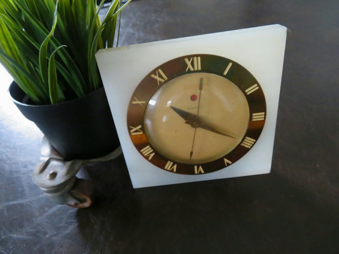 Vintage Telechron Electric Clock - White Onyx Marble Square Clock Model ...