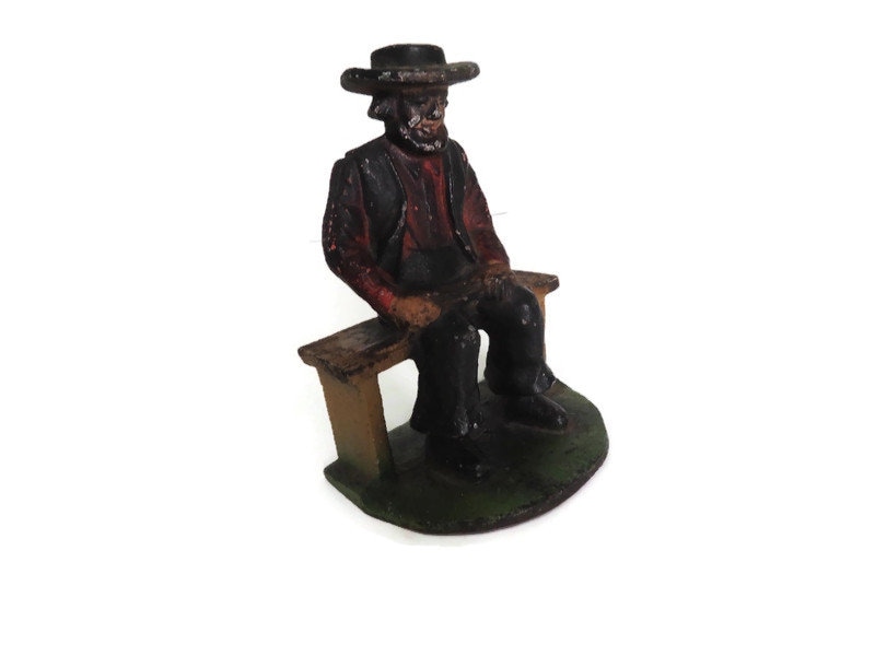 Vintage Cast Iron Amish Man on Bench Figure Cast Iron Office ...