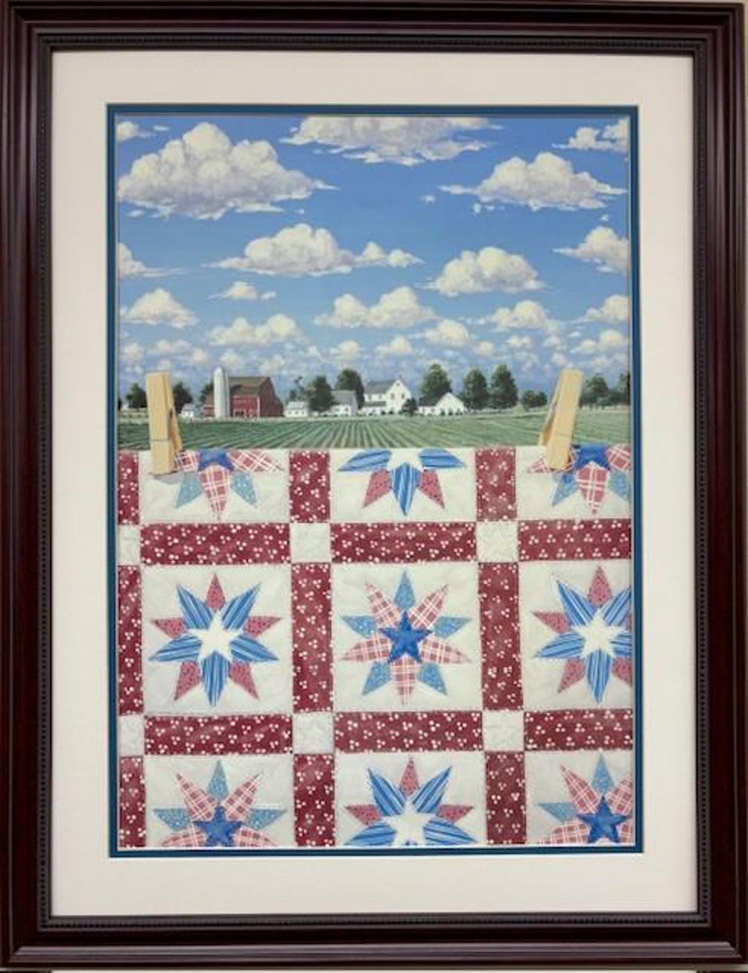 Rebecca Barker "blue & White Quiltscape" New CUSTOM FRAMED Art Farm NEW ...
