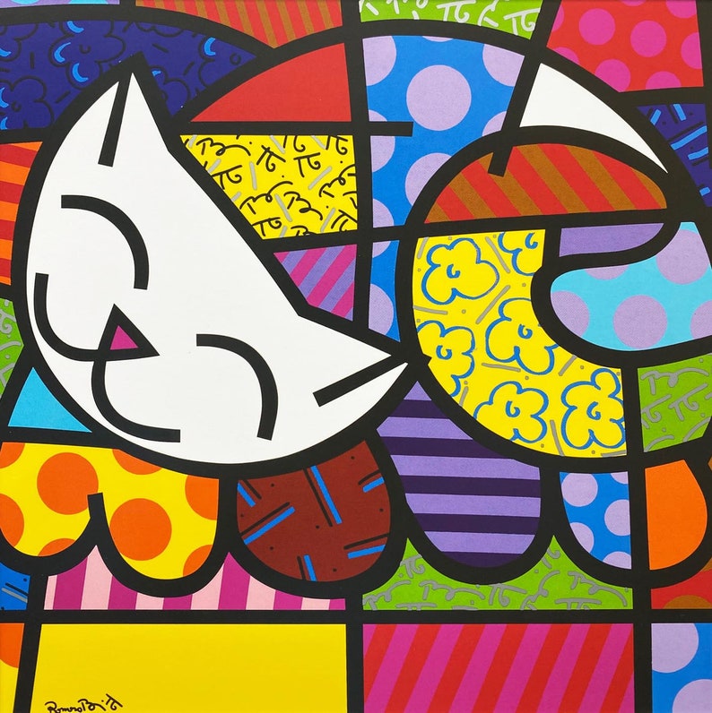 Romero Britto "happy Cat" New Custom Framed Pop Art Out of Print Animal ...
