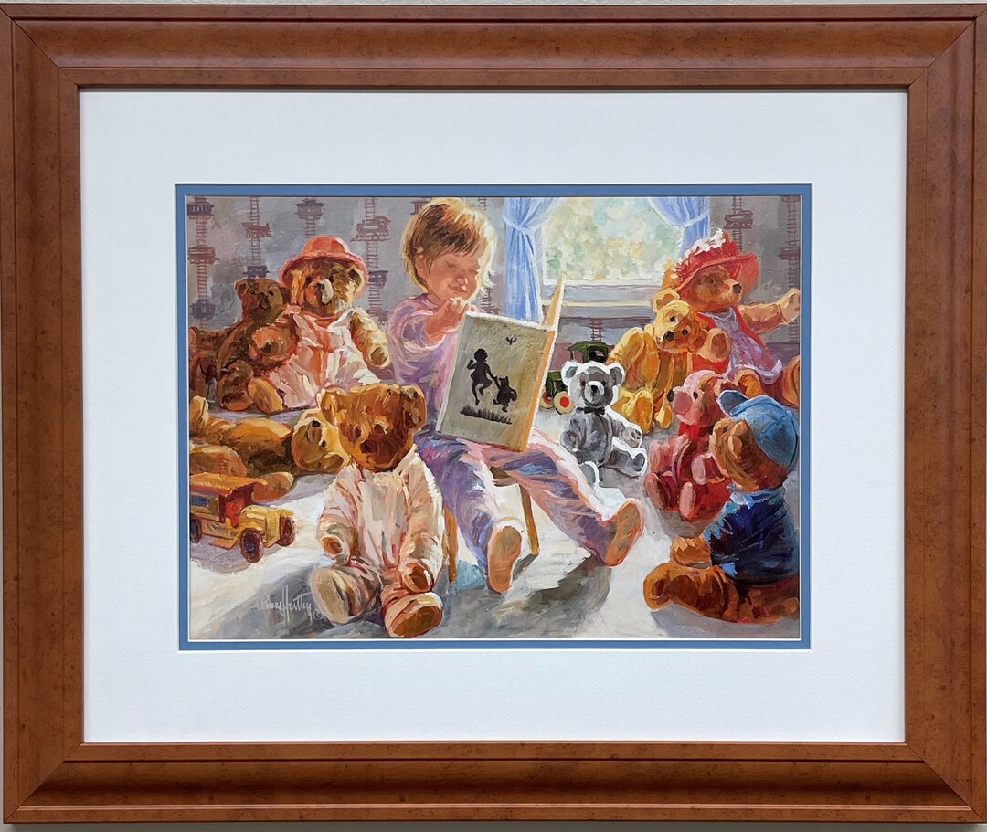 Corinne Hartley "pooh's Story" New CUSTOM FRAMED Art Kid Reading Teddy ...