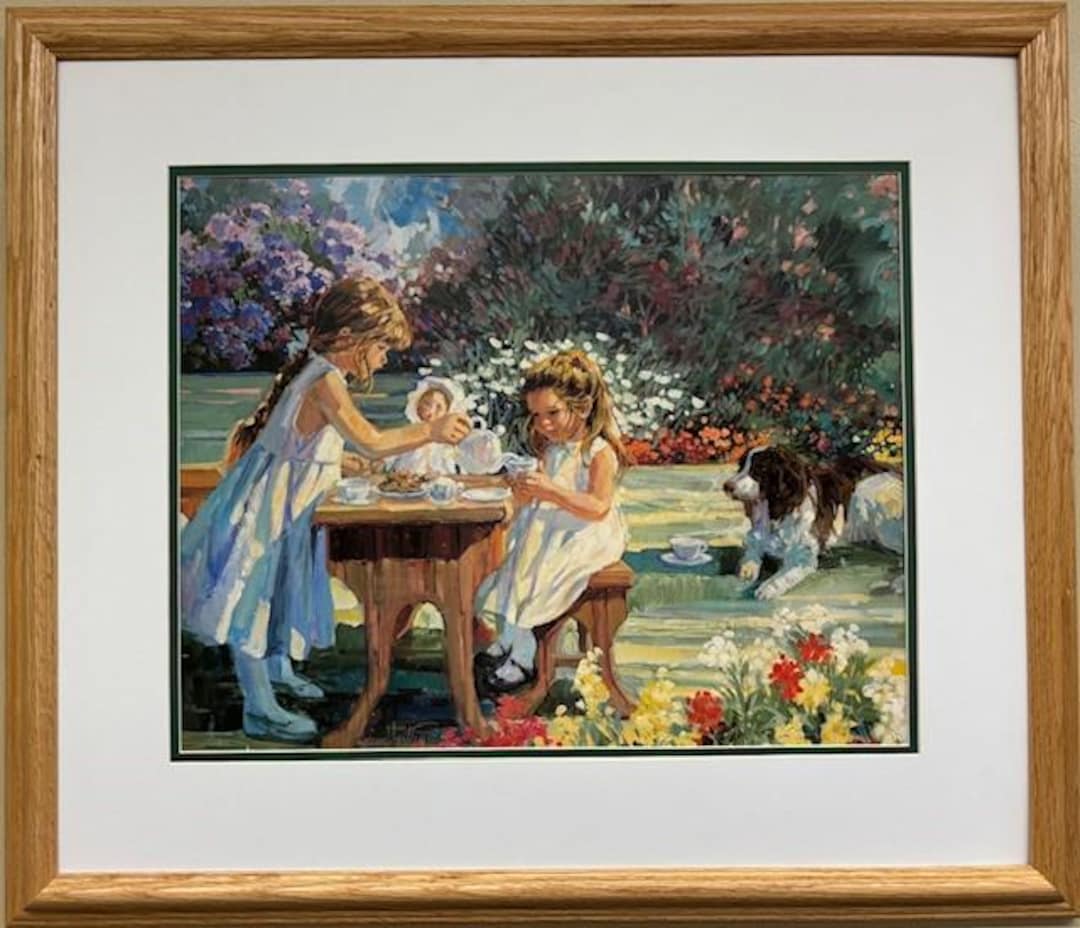 Corinne Hartley "tea for Four" New FRAMED Children's Art Dog Tea Party ...