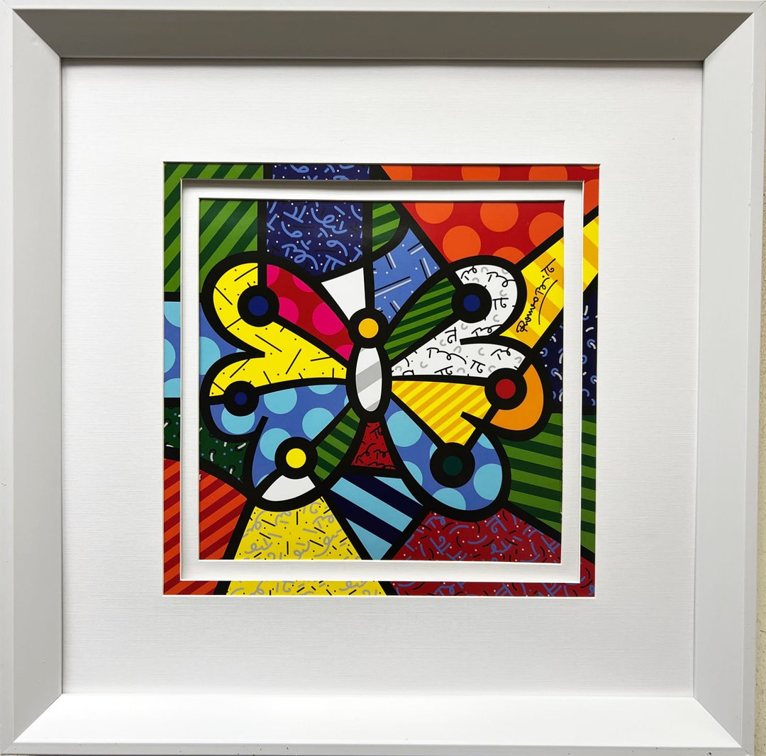 Romero Britto "garden Butterfly" WHITE CUSTOM FRAMED Matted Art Print ...