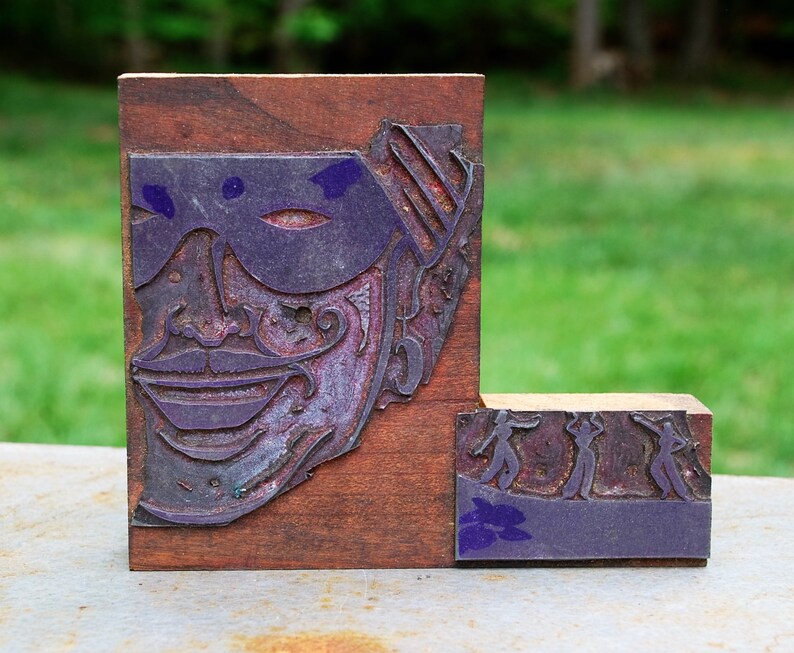 Vintage Letterpress Printing Block Featuring MASKED MAN & DANCERS ...