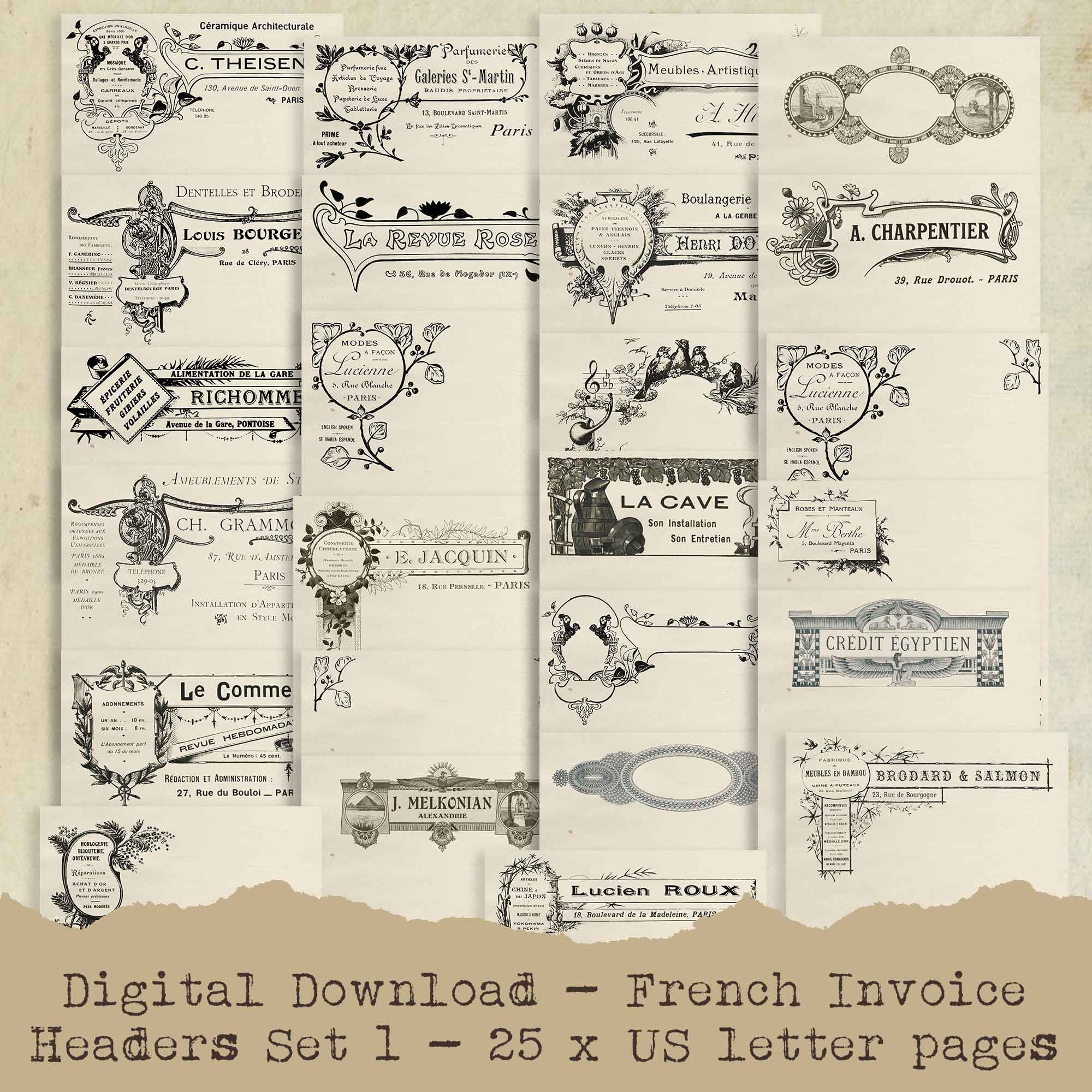Set of 25 French Invoice Header Papers With Old Paper Background ...