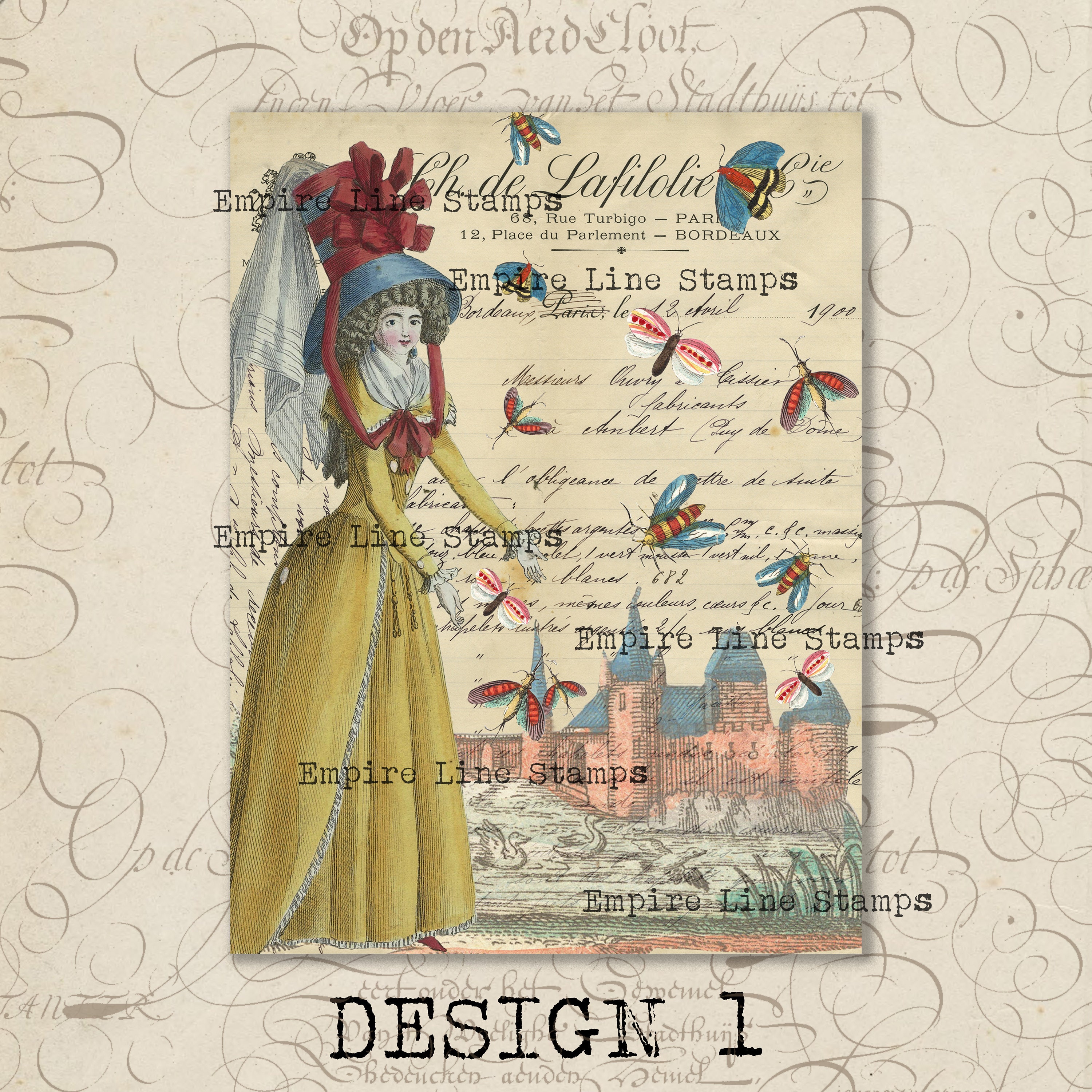 18th Century French Style Marie Antoinette Handwriting Text Butterflies ...