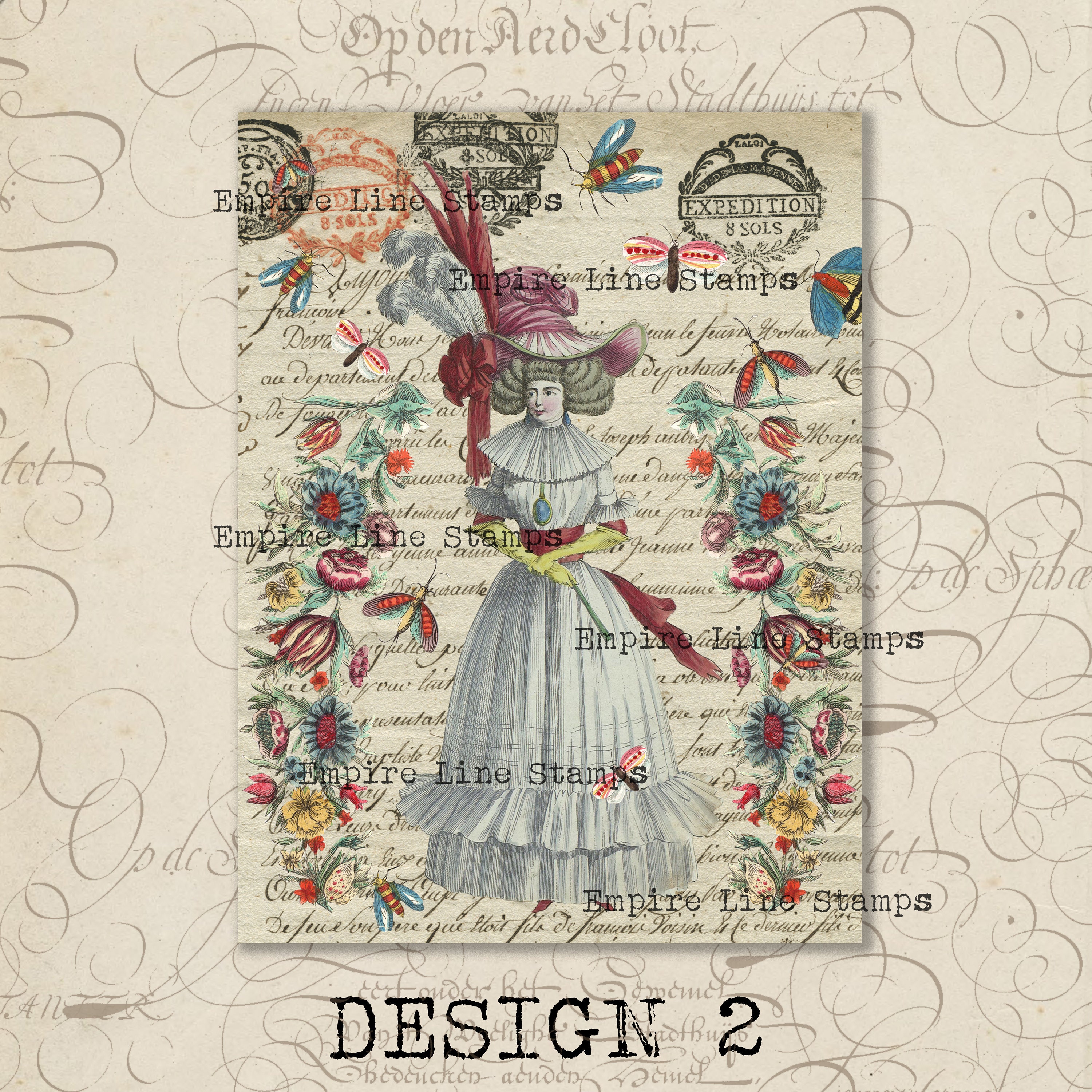18th Century French Style Marie Antoinette Handwriting Text Butterflies ...