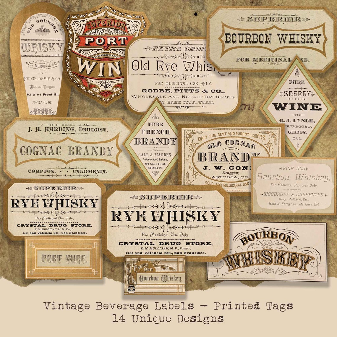 Vintage Beverage Whisky Rum Labels TAGS 19th Century Labels Set of 14 ...
