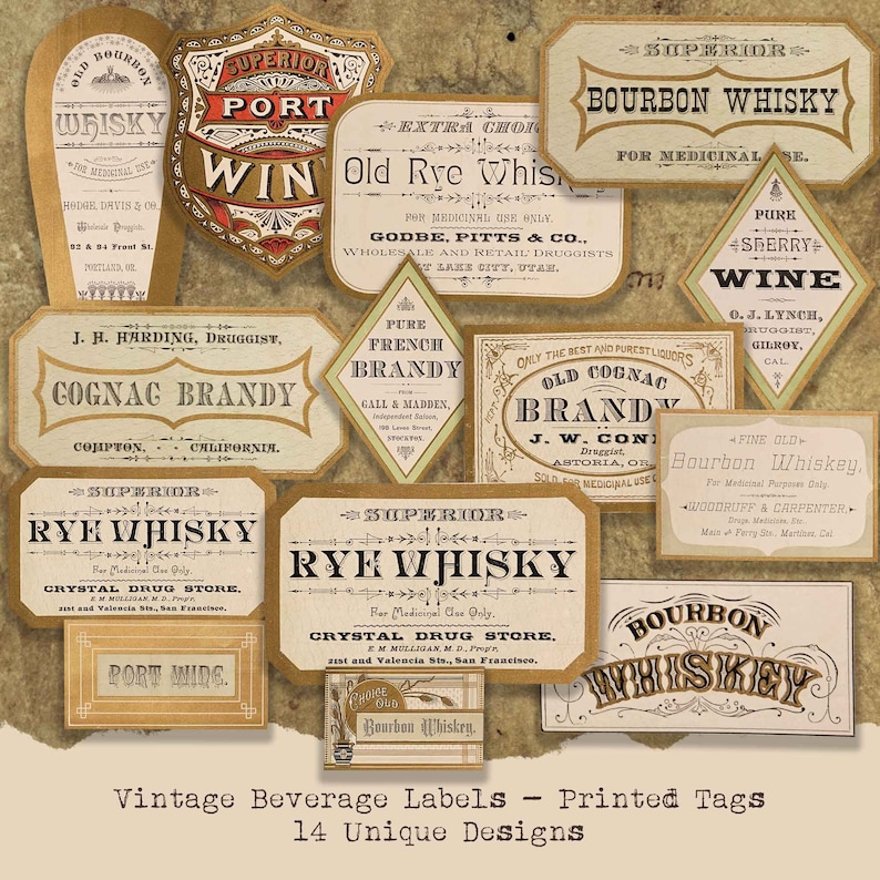 Vintage Beverage Whisky Rum Labels TAGS 19th Century Labels Set of 14 ...