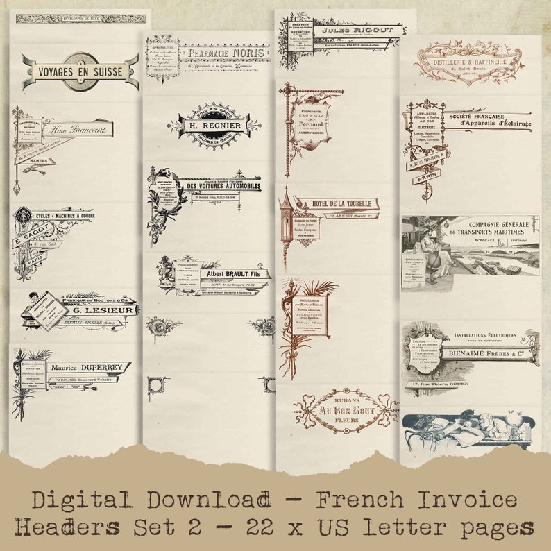Set of 22 French Invoice Header Papers With Old Paper Background ...