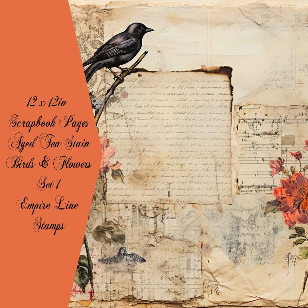 Aged Tea Stain Vintage Birds and Flowers 12x12 Inch Full Size Papers ...
