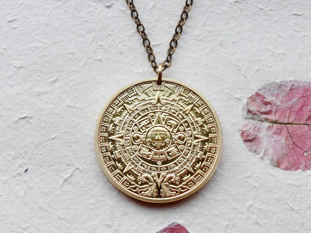Maya Aztec Calendar Gold Coin Token Necklace - Mexico Necklace - Aztec ...