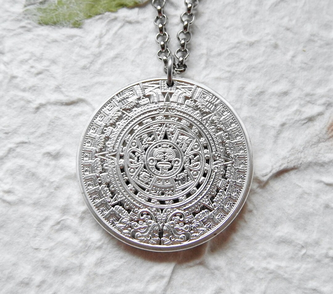 Maya Aztec Calendar Silver Coin Token Necklace - Mexico Necklace ...