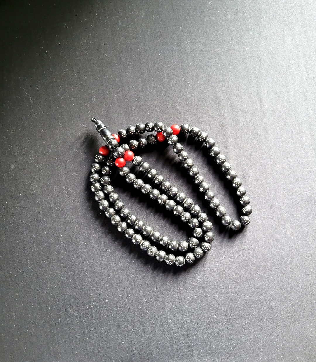 Antique Natural Black Coral and Silver Inlaid -YUSR- 99 Prayer Beads ...