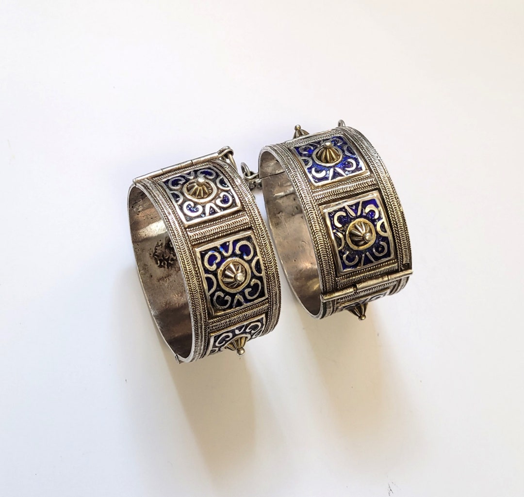 Old Pair of Silver and Blue Enamel Cuff Bracelets From the ZAIANE ...