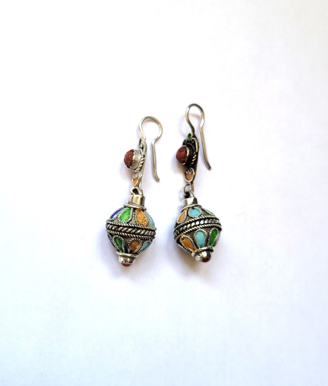 Pair of Berber Earrings in Enamelled Silver and Coral Bead - Handmade ...