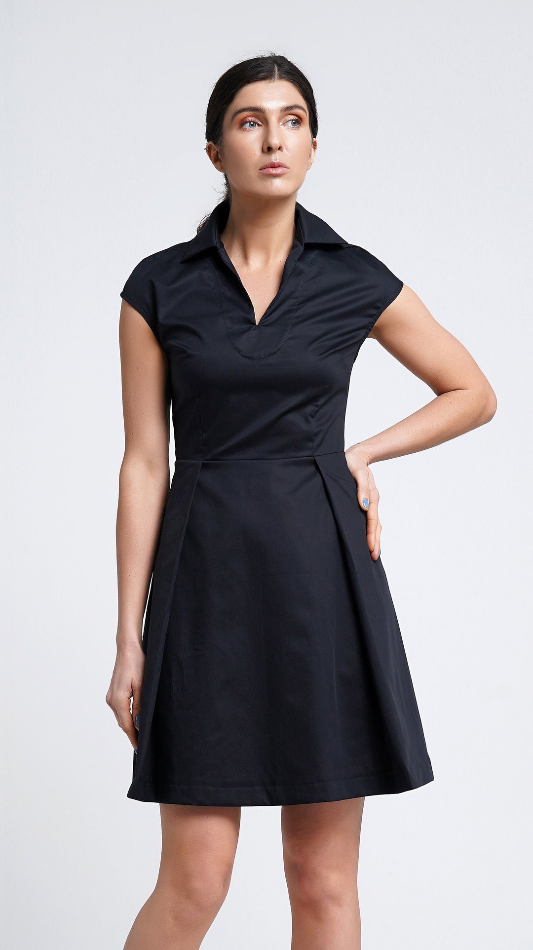 Black Summer Dress, Collared Shirt Dress Women, Black Cotton Dress ...