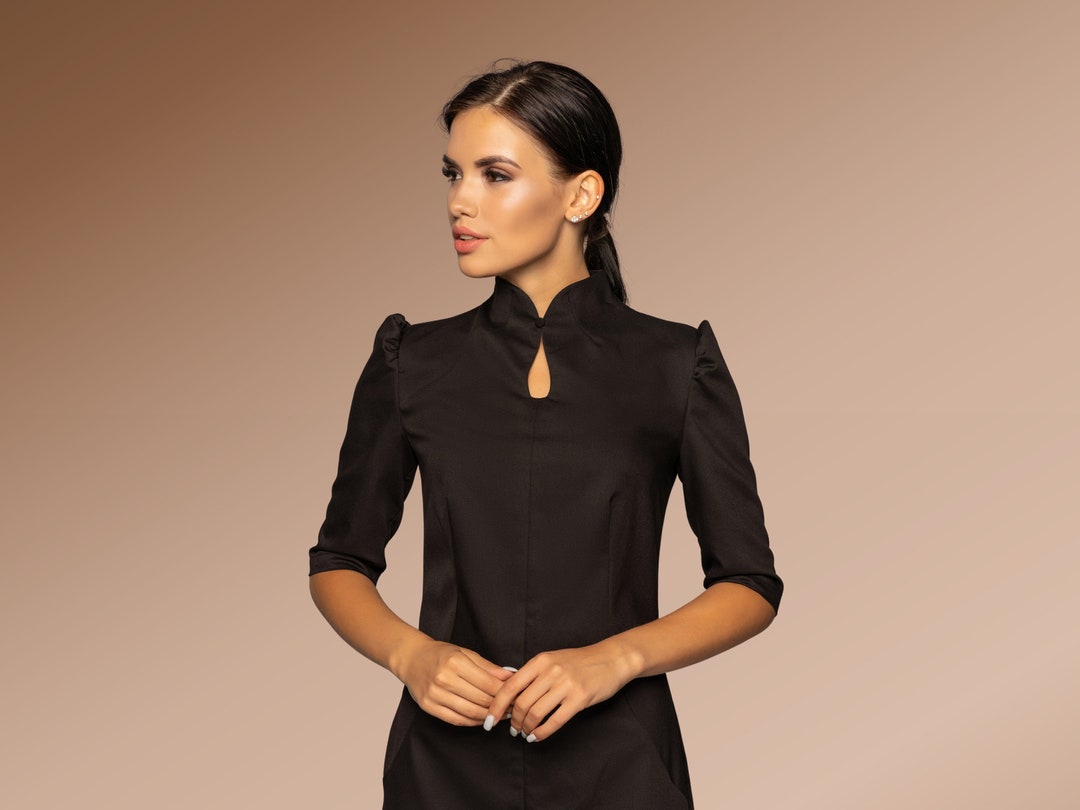 Qipao Modest Pencil Dress, Black Cocktail Cheongsam Dress, Asian Sheath ...