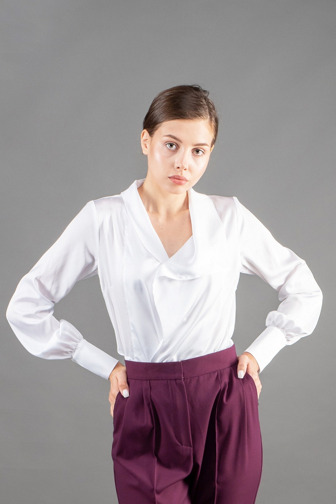 Elegant White Blouse Long Sleeves Asymmetric Shawl Collar Satin Shirt