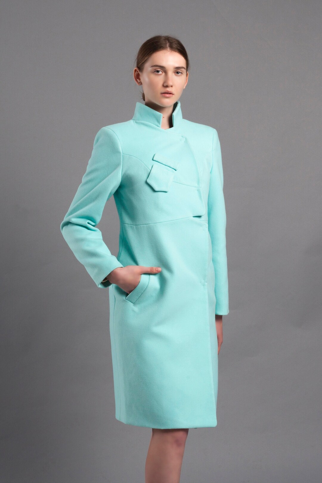 High Neck Coat Women, Mint Shift Silhouette Asymmetrical Coat Women ...