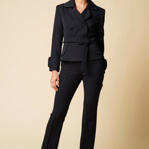 Black Pant Suit Women Cloverleaf Lapel Blazer Hourglass Jacket Fitted ...