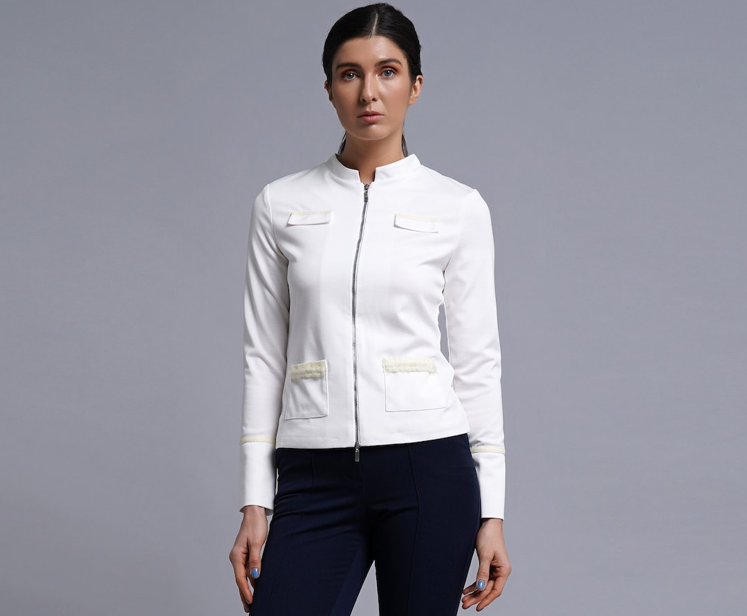 White Viscose Zip-up Jacket, Mandarin Collar, TAVROVSKA - Etsy