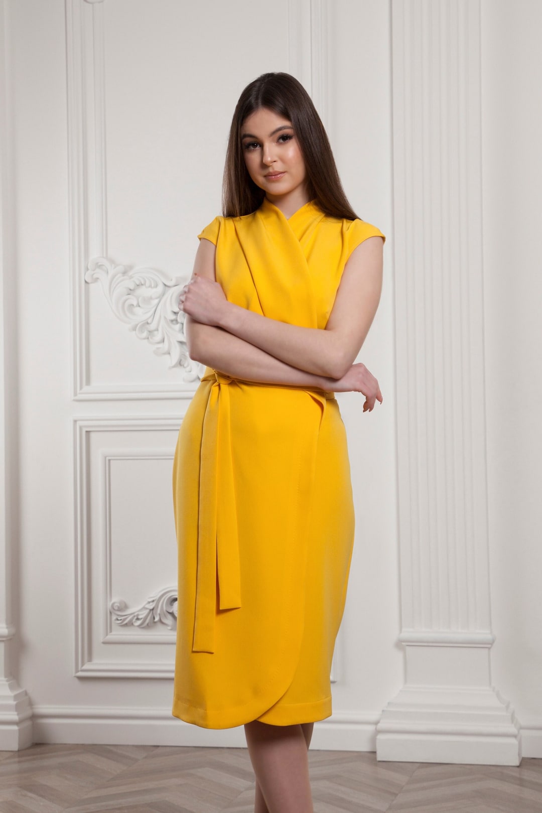 Yellow Wrap Dress Women High Neck Asian Cocktail Dress Stand - Etsy