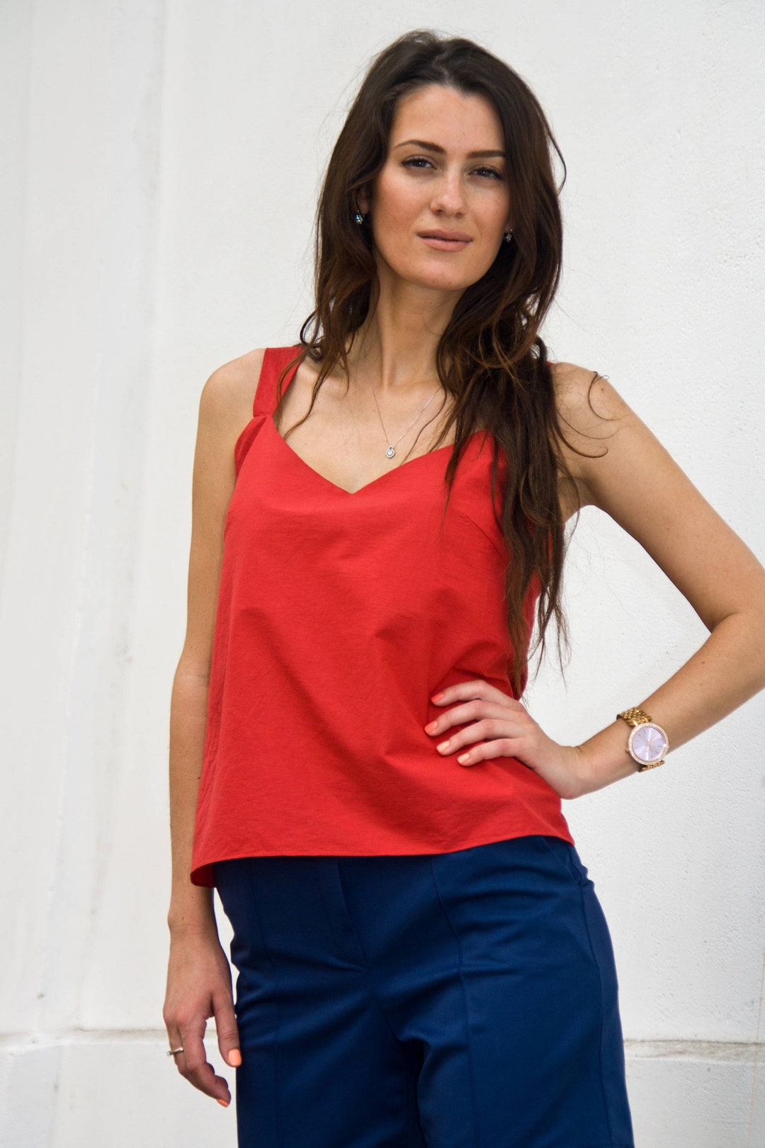 Red Cotton Tank Top: Sleeveless V-neck Blouse - Etsy