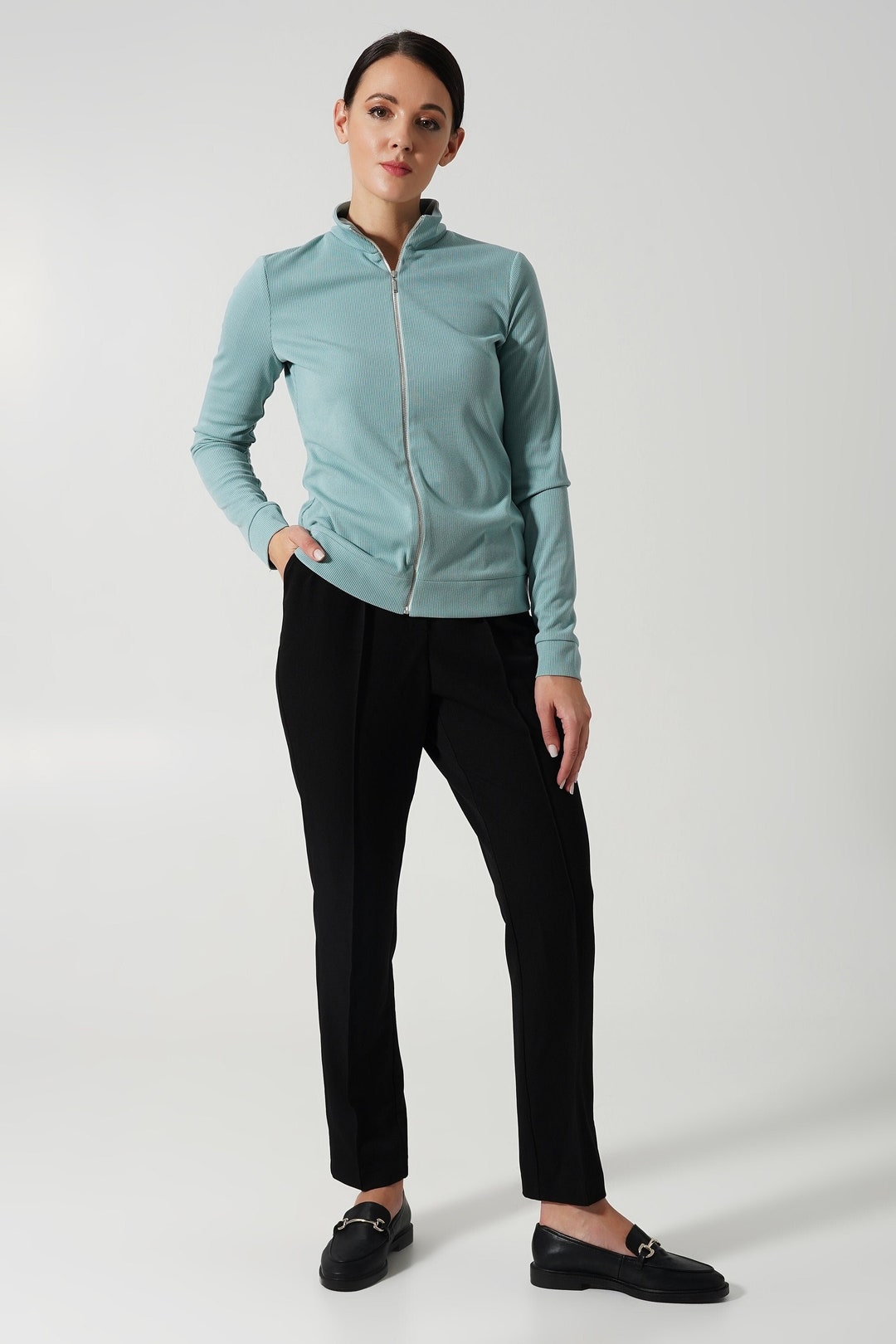 Zip up Turtleneck Sweater Women, High Neck Ribbed Sweatshirt, Stand ...