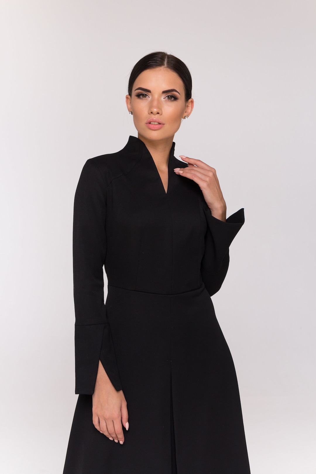 Black Cocktail Dress With Sleeves, High Neck Work Dress, Business ...