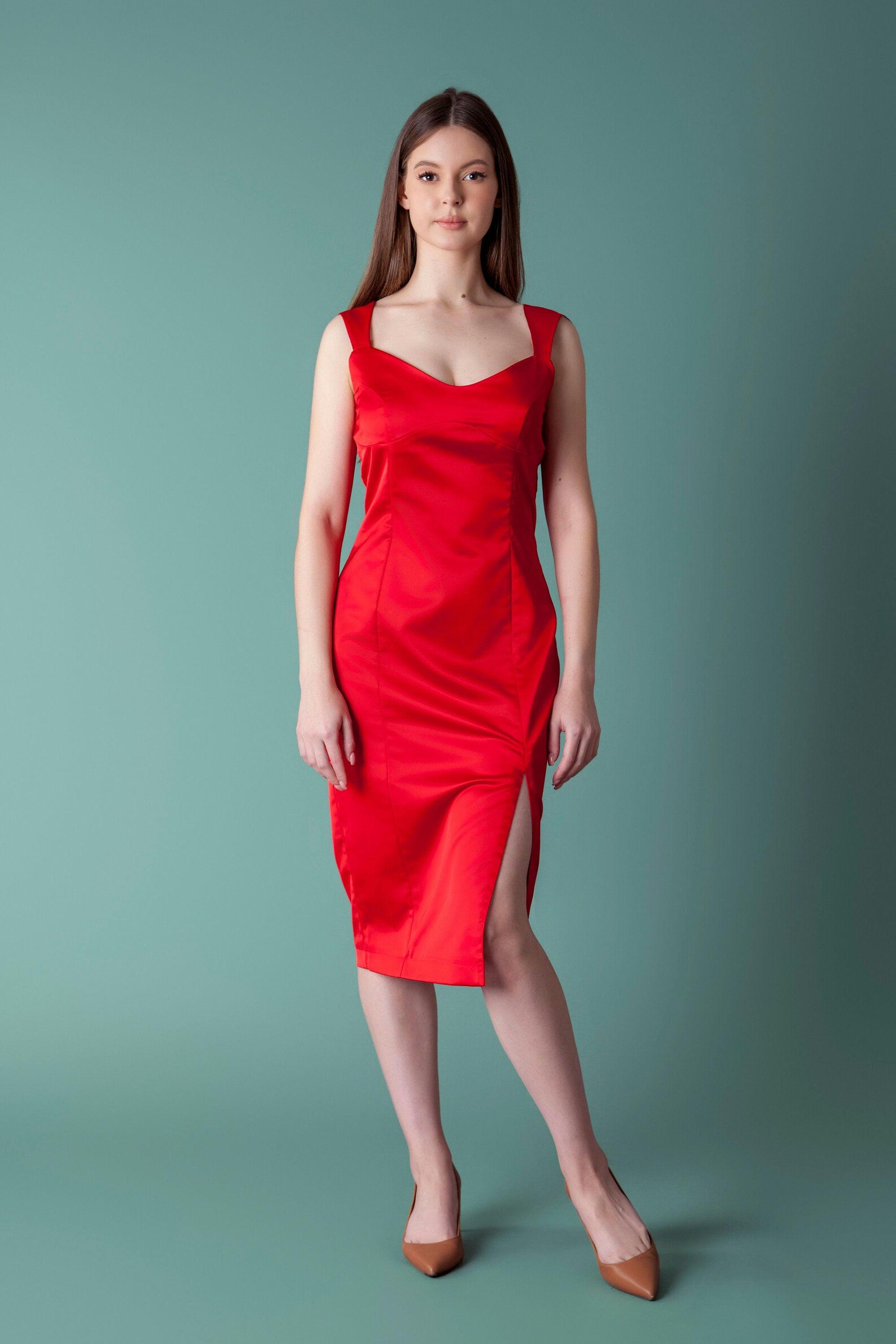 Red Satin Midi Dress, V Neck Sleeveless Cocktail Dress - Etsy