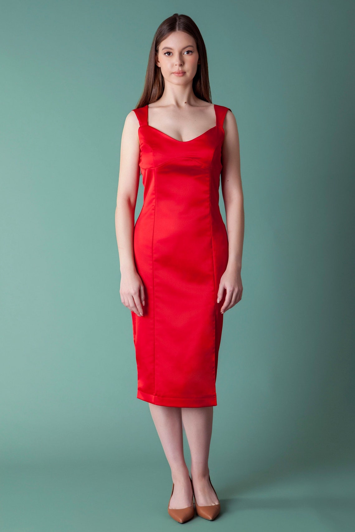 Red Satin Midi Dress, V Neck Sleeveless Cocktail Dress - Etsy