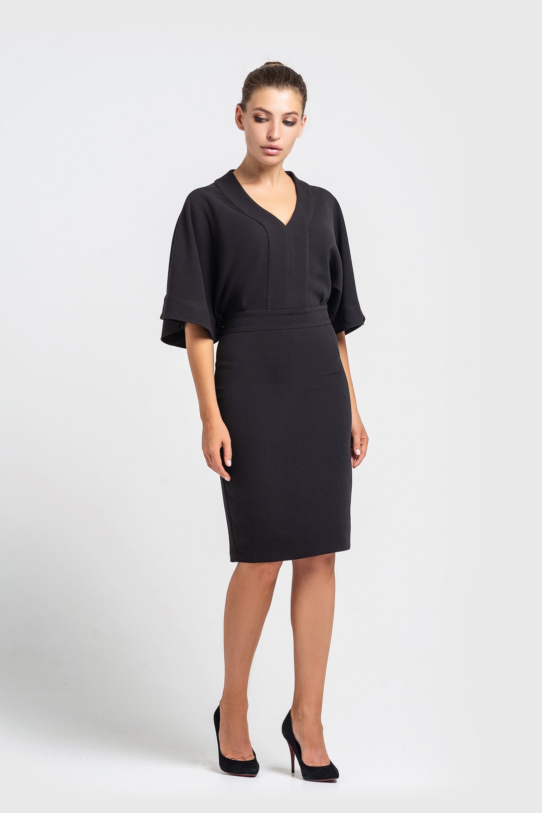 V-neck Kimono Dress Women, Elegant Japanese Dress, Classic Black Dress ...